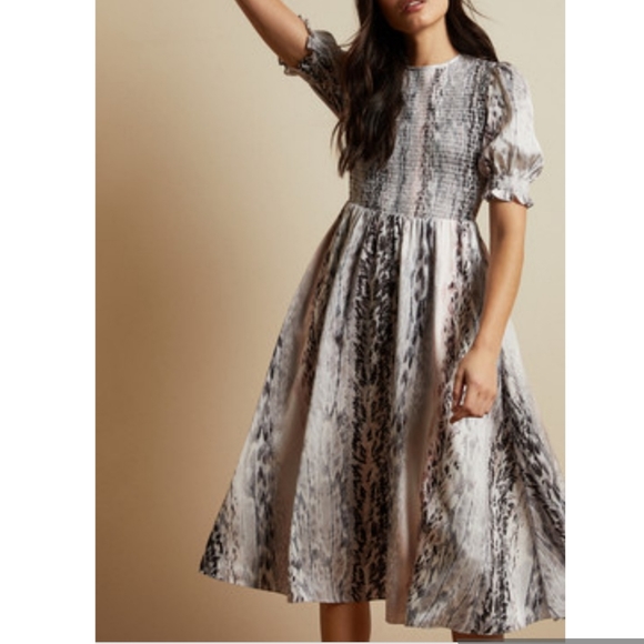 Ted Baker | Dresses | Ted Baker Haloma Smocked Snakeskin Print Dress ...